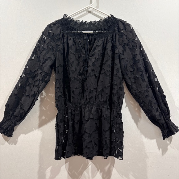 unbranded | Tops | Black Sheer Smocked Blouse Romantic Floral Mesh Top ...